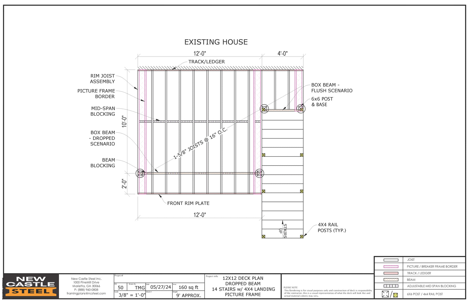 New Castle Steel Deck Framing Kit (Black) - 12x12 Deck, Dropped Beam ...